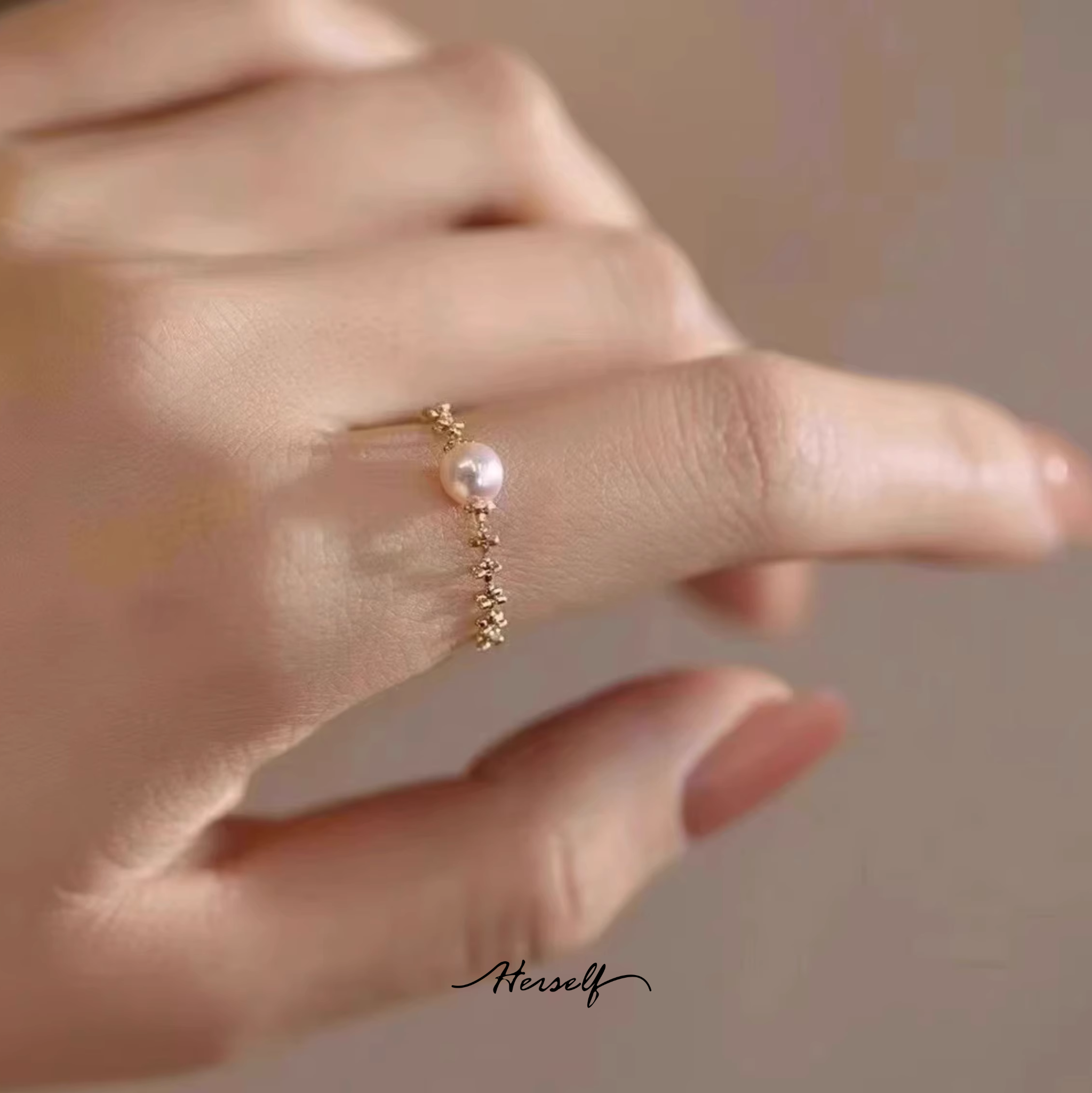 Herself Jewelry丨Akoya 18K Gold Lace Pearl Ring Adjustble